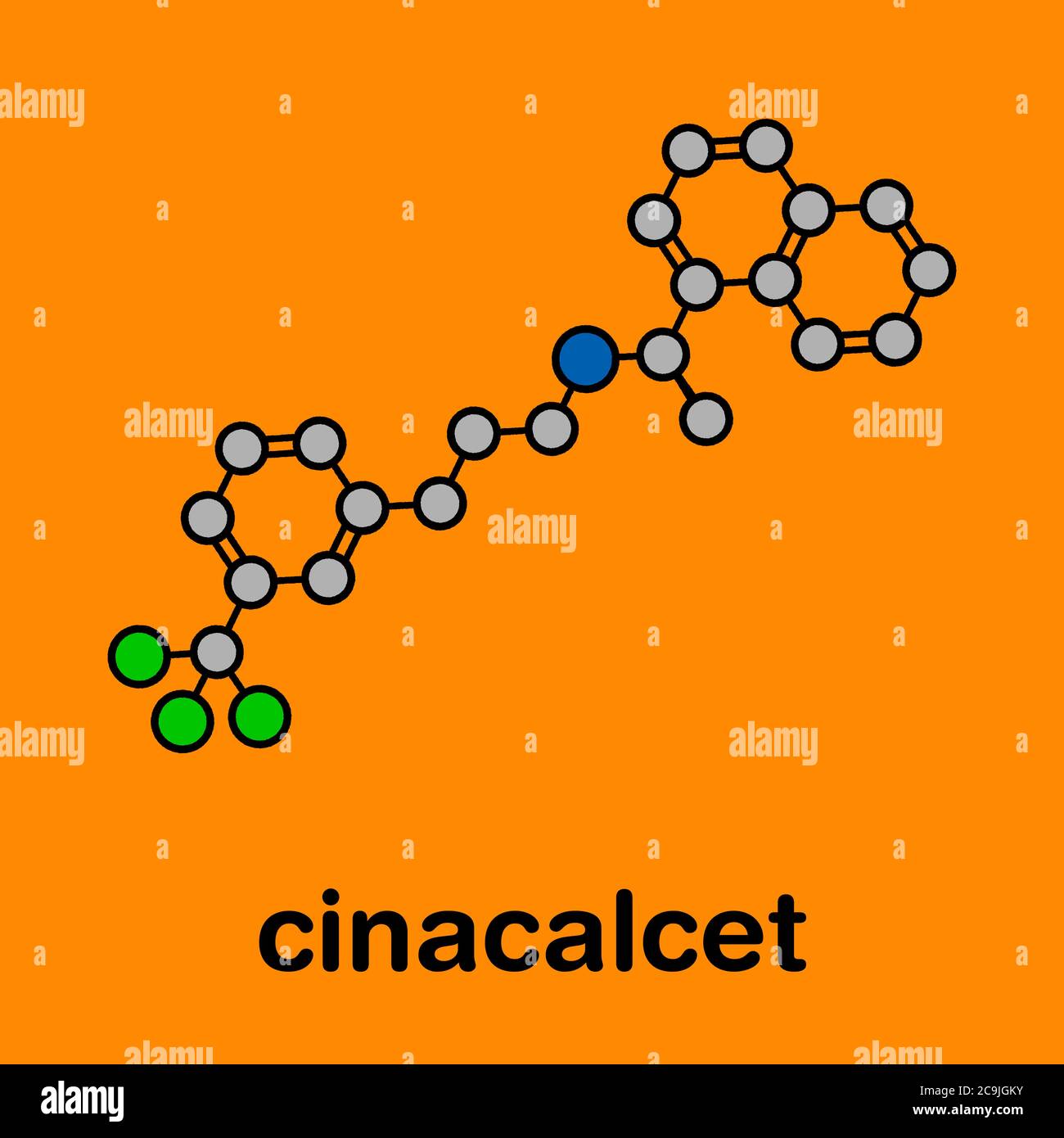 Cinacalcet hyperparathyroidism drug molecule. Stylized skeletal formula ...