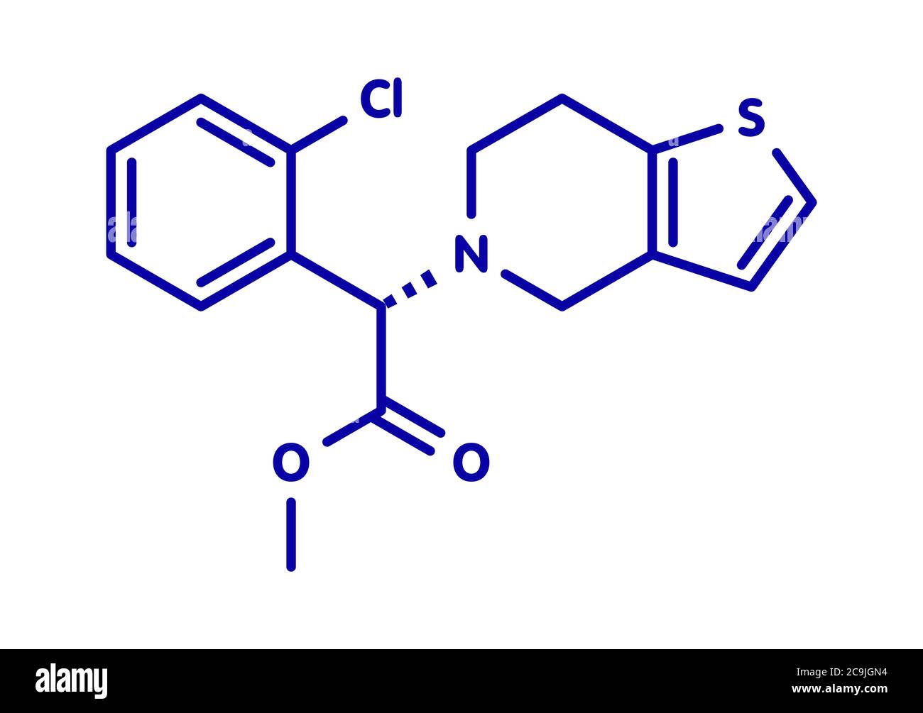 Clopidogrel antiplatelet agent molecule. Inhibits blood clotting. Blue ...