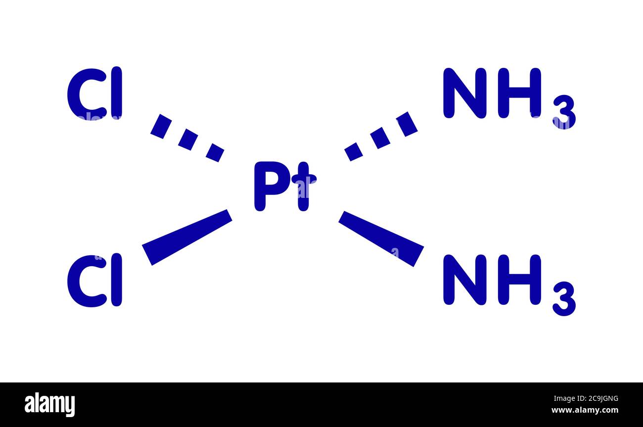 Cisplatin cancer chemotherapy drug molecule. Blue skeletal formula on ...