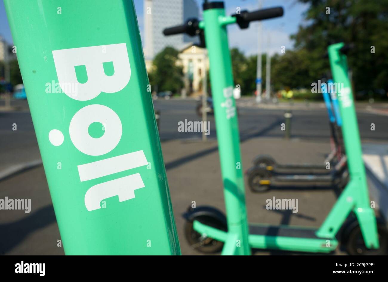 Bucharest, Romania - July 20, 2020: Bolt electric scooters are parked ...