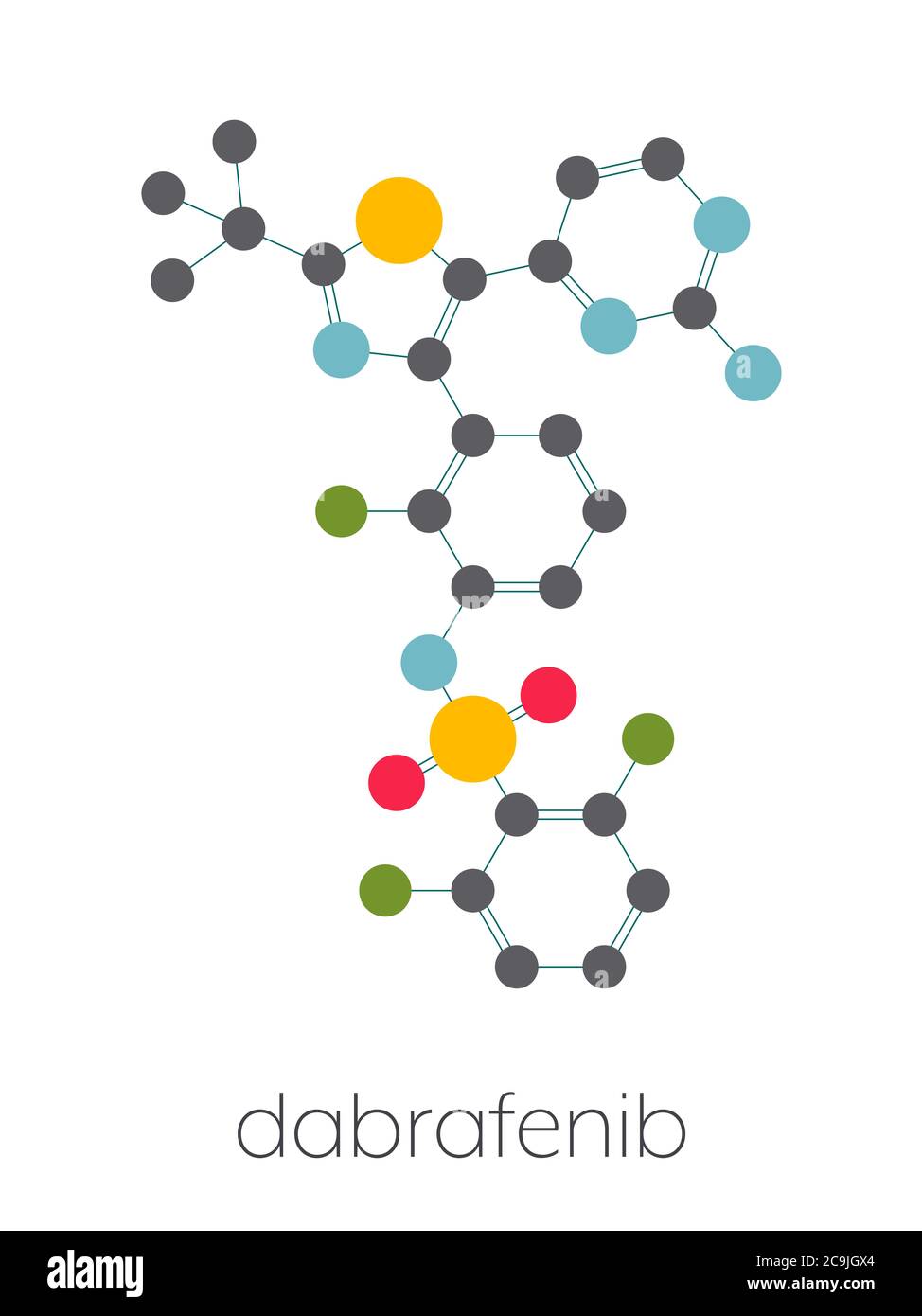 Dabrafenib melanoma cancer drug molecule. Stylized skeletal formula ...