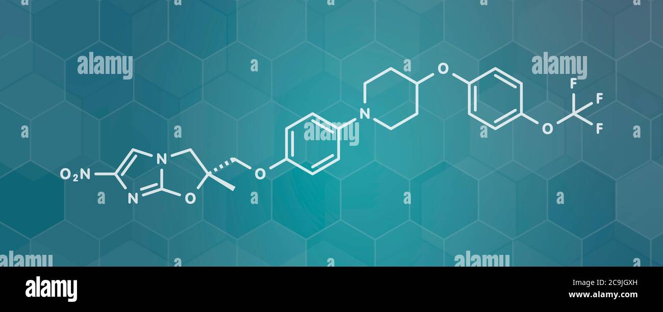 Delamanid tuberculosis drug molecule. White skeletal formula on dark ...