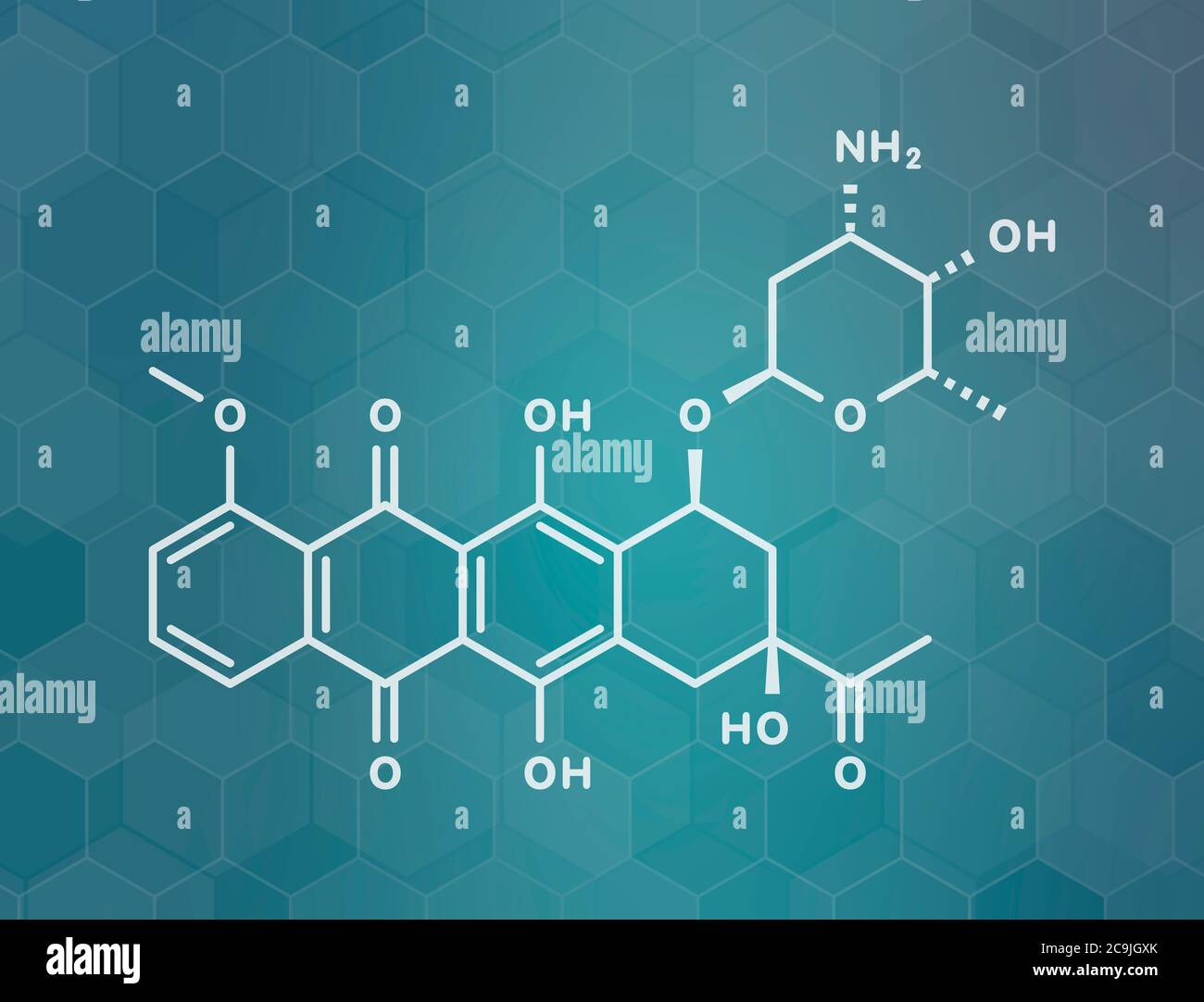 Daunorubicin (daunomycin) cancer chemotherapy drug molecule. White ...