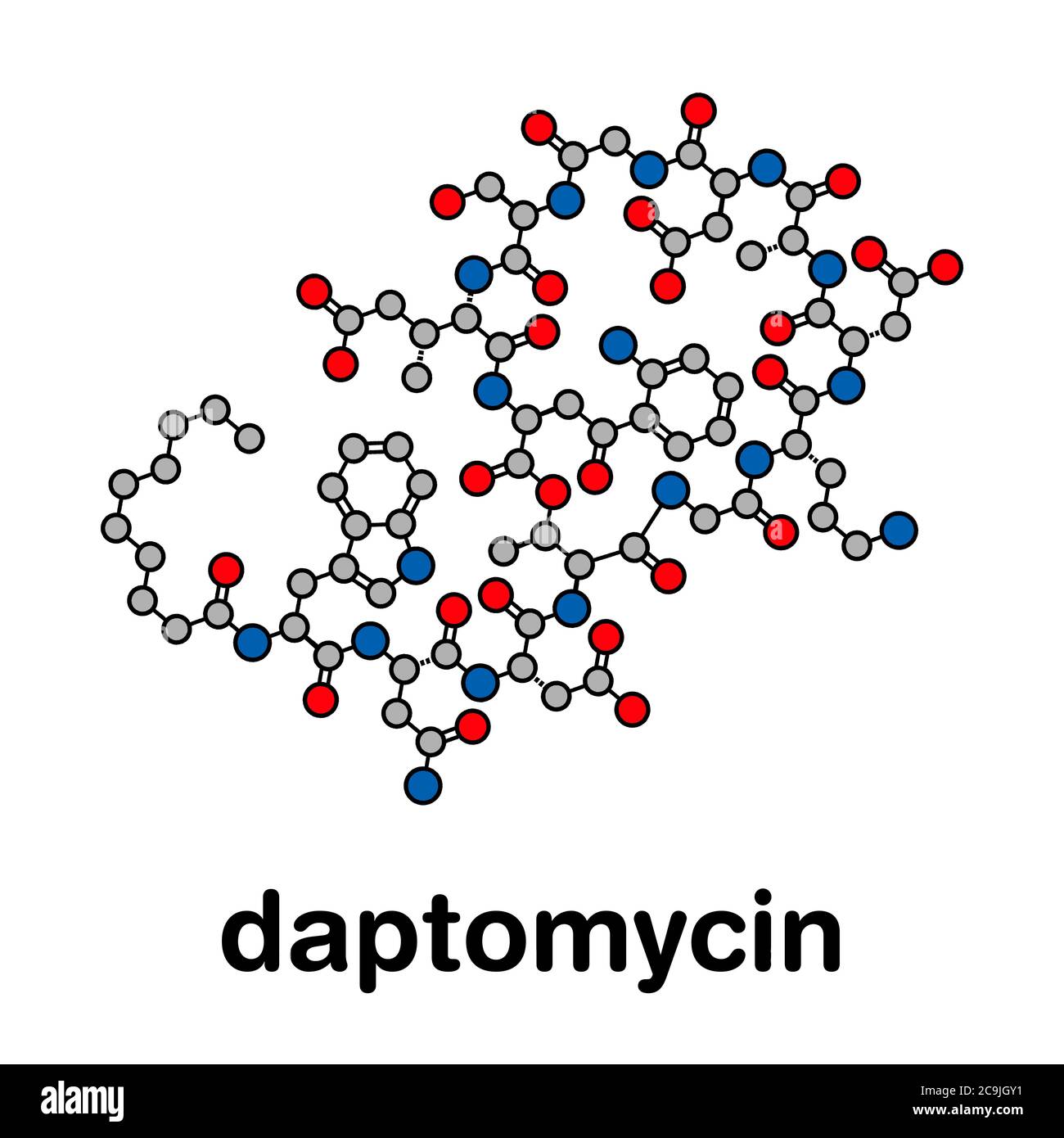 Daptomycin antibiotic drug molecule. Stylized skeletal formula ...