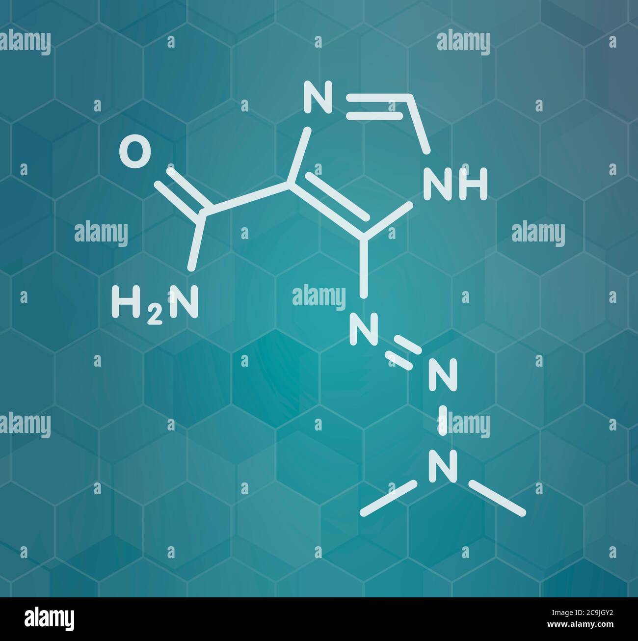 Dacarbazine cancer chemotherapy drug molecule. White skeletal formula ...