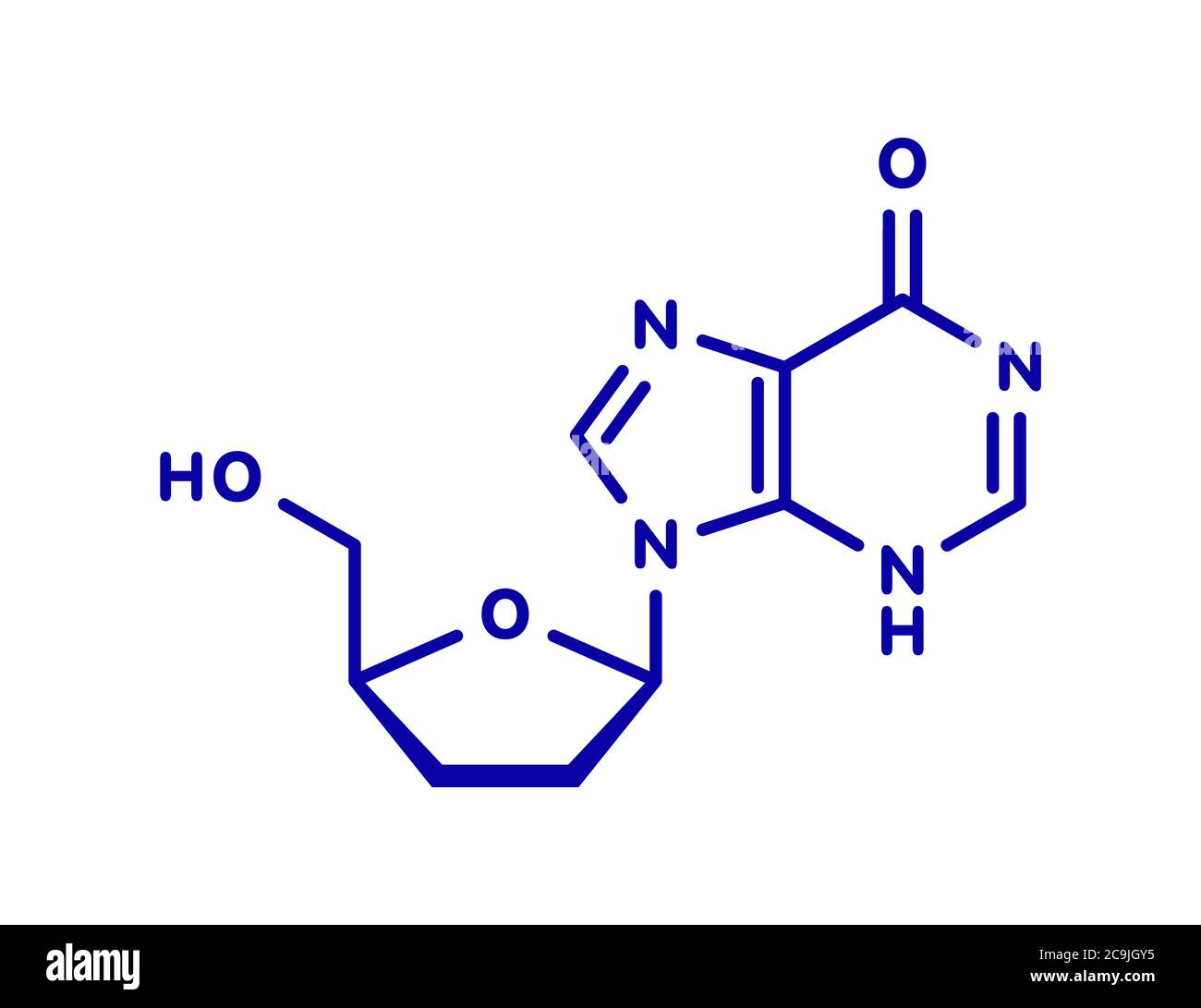 Didanosine (2',3'-dideoxyinosine, ddI) HIV drug molecule. Blue skeletal ...