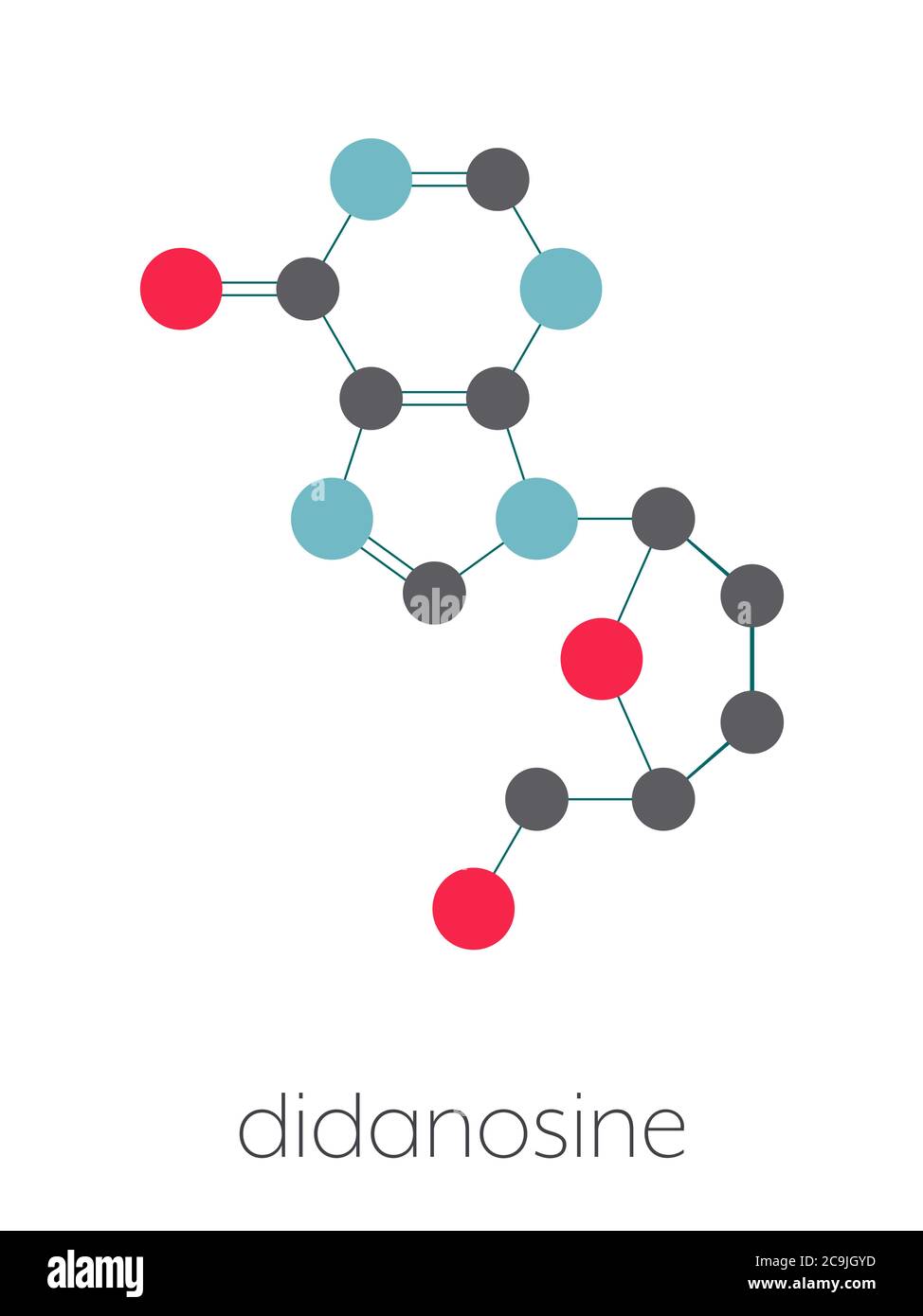 Didanosine (2',3'-dideoxyinosine, ddI) HIV drug molecule. Stylized ...