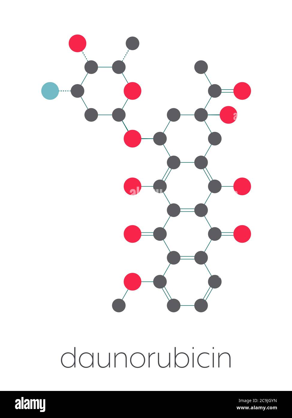 Daunorubicin (daunomycin) cancer chemotherapy drug molecule. Stylized ...