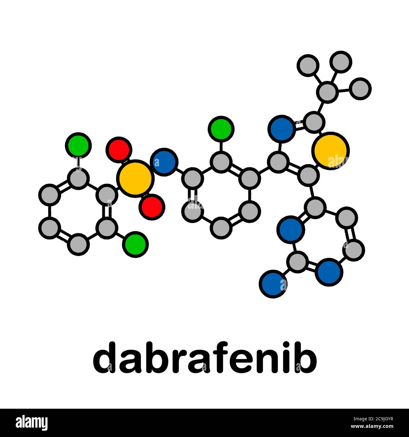 Dabrafenib melanoma cancer drug molecule. Stylized skeletal formula ...