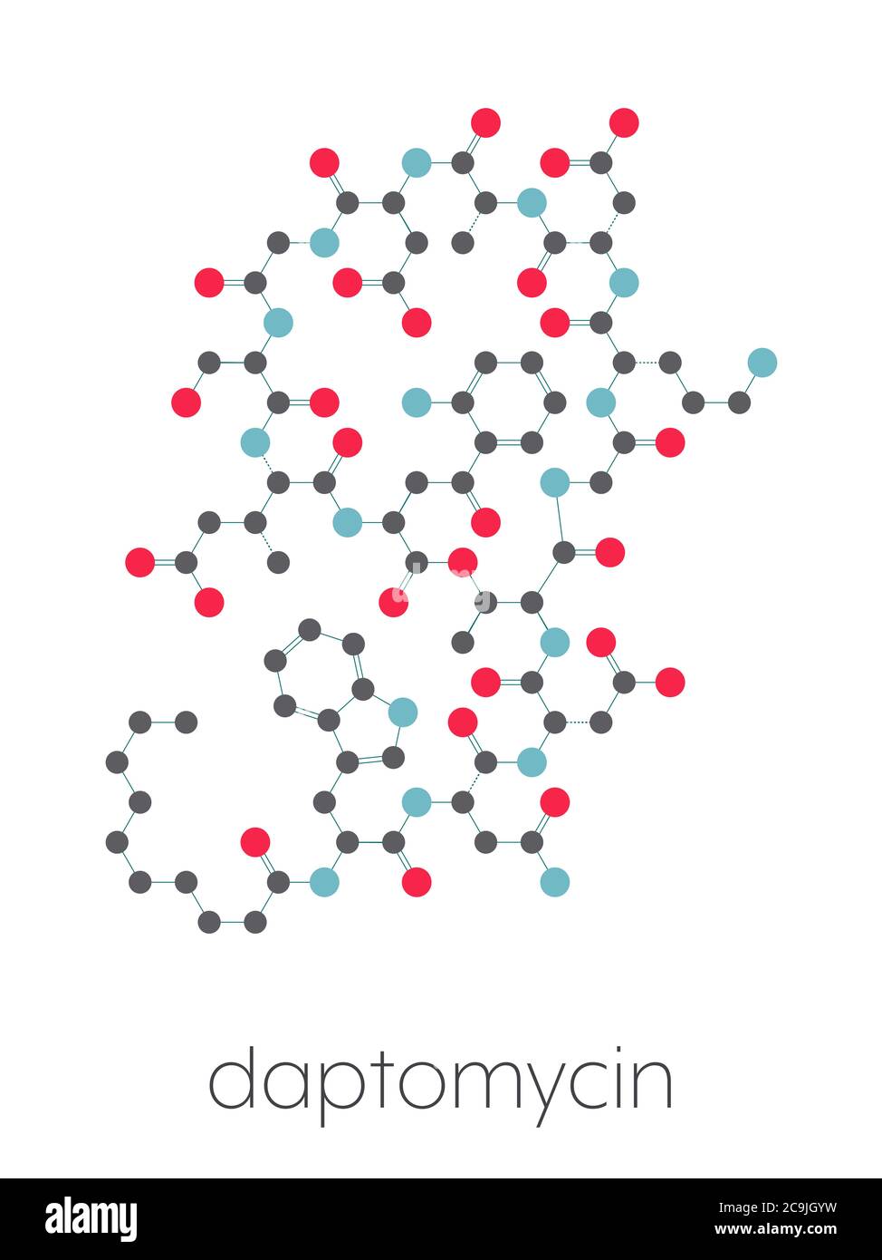 Daptomycin antibiotic drug molecule. Stylized skeletal formula ...