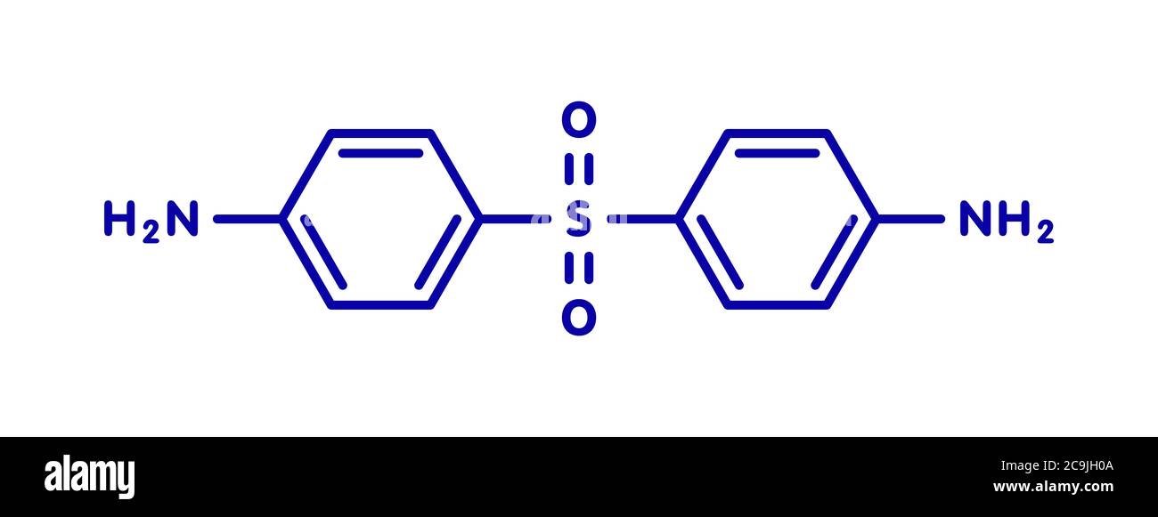 Dapsone antibacterial drug molecule. Blue skeletal formula on white ...