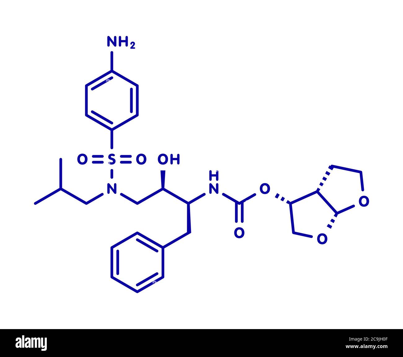 Darunavir HIV drug (protease inhibitor class) molecule. Blue skeletal ...
