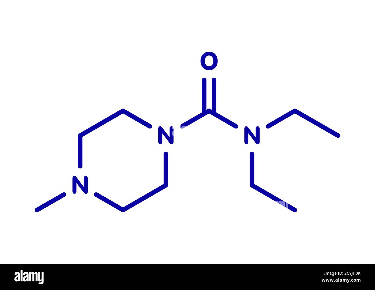 Diethylcarbamazine anthelmintic drug molecule. Blue skeletal formula on ...