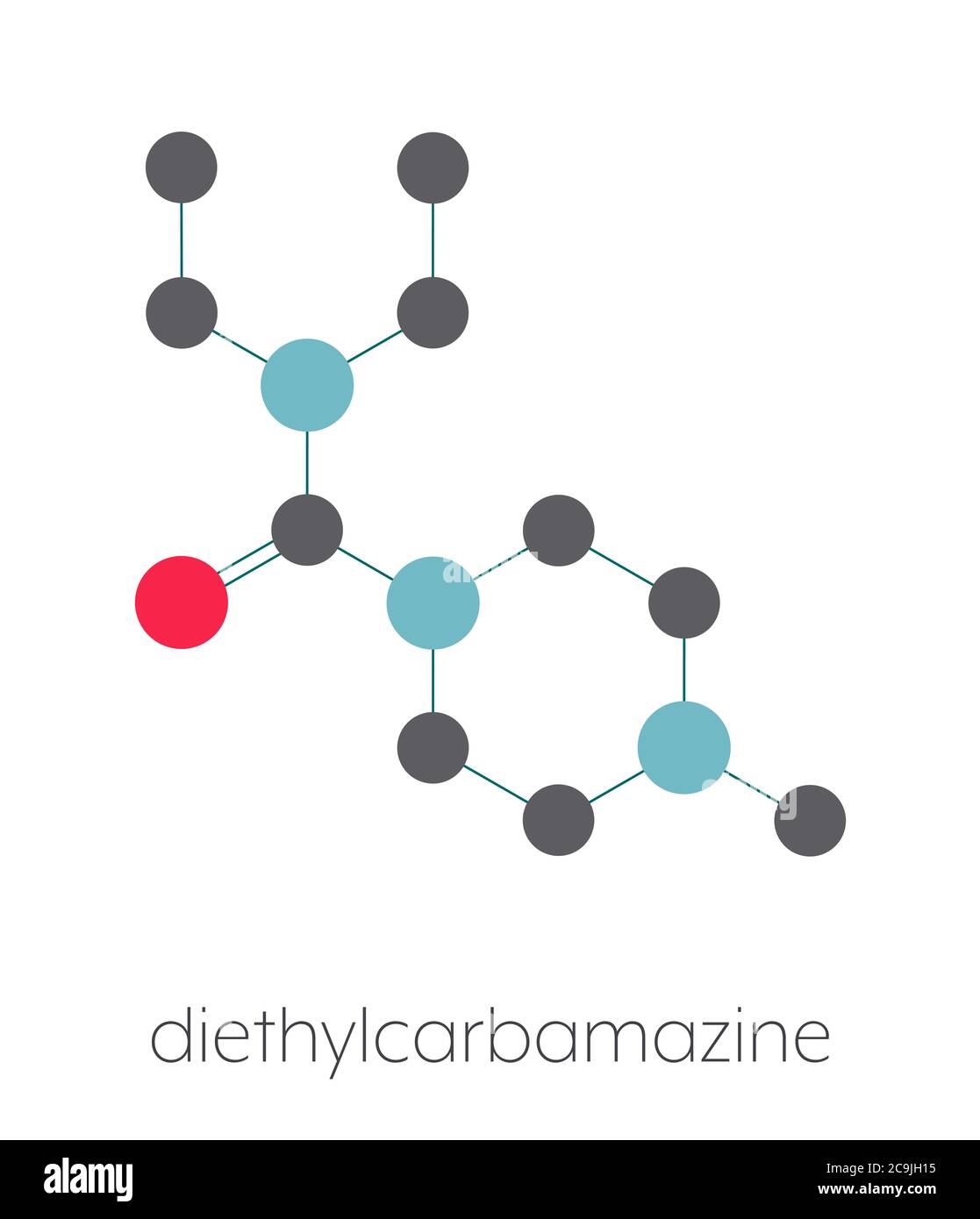 Diethylcarbamazine anthelmintic drug molecule. Stylized skeletal ...