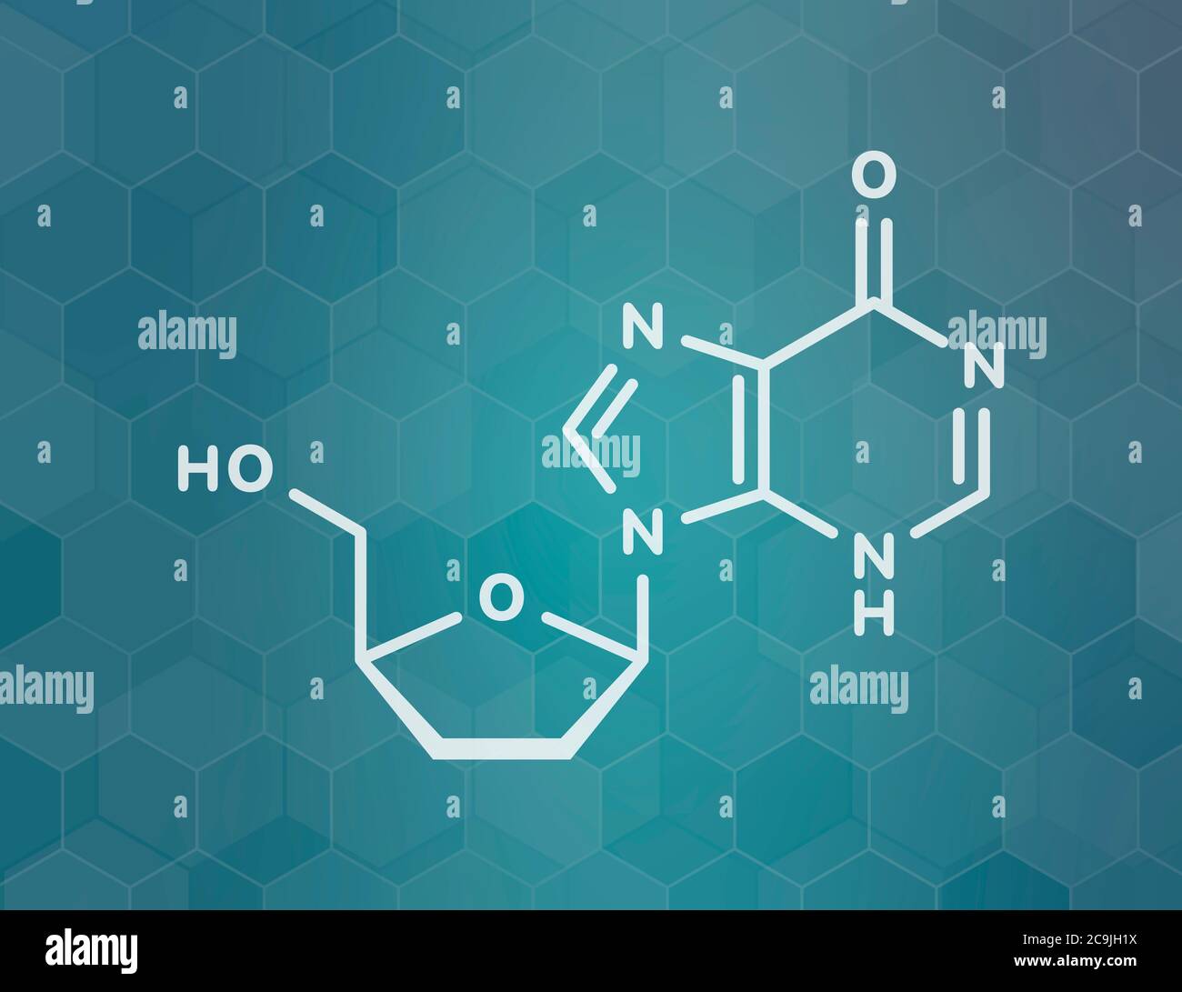 Didanosine (2',3'-dideoxyinosine, ddI) HIV drug molecule. White ...