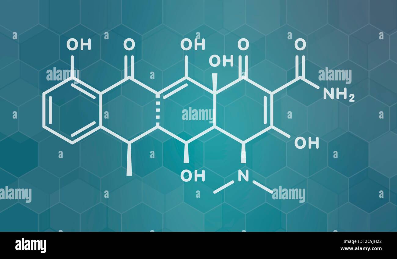 Doxycycline antibiotic drug (tetracycline class) molecule. White ...