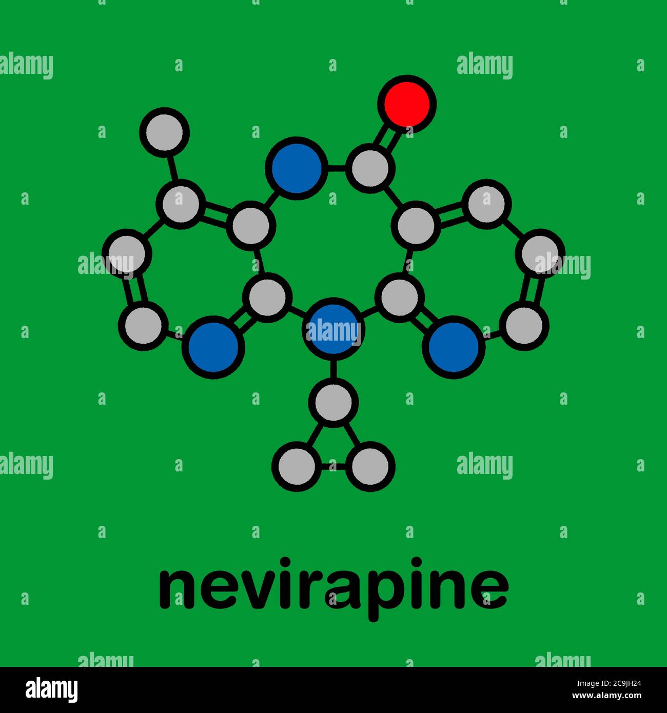 Nevirapine HIV drug molecule. Belongs to NNRTI class. Stylized skeletal ...