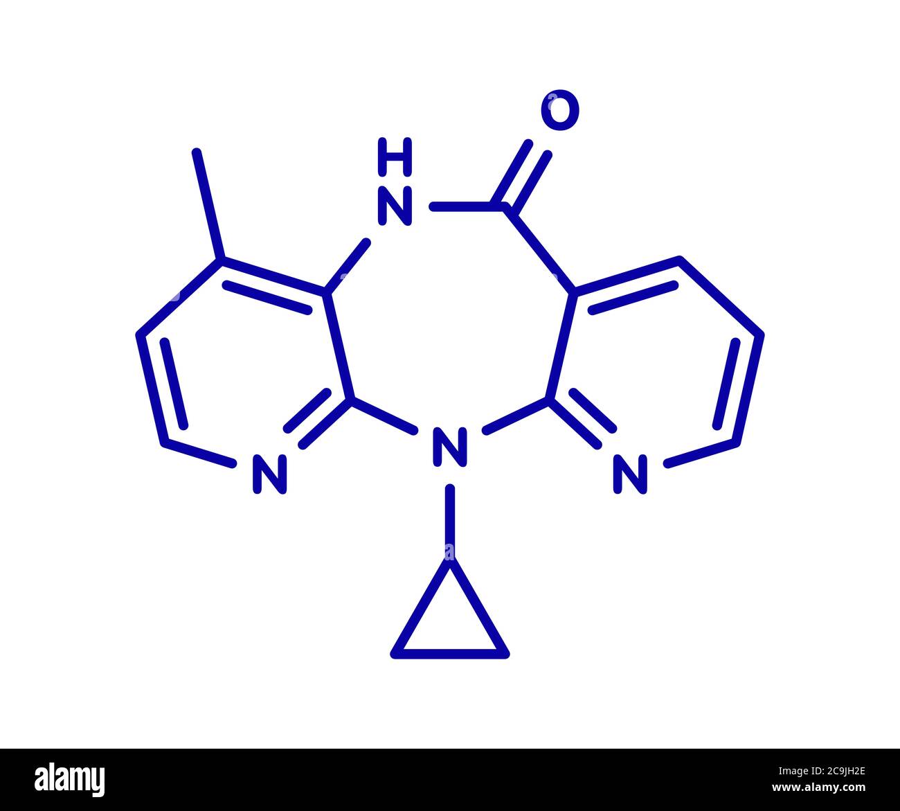 Nevirapine HIV drug molecule. Belongs to NNRTI class. Blue skeletal ...