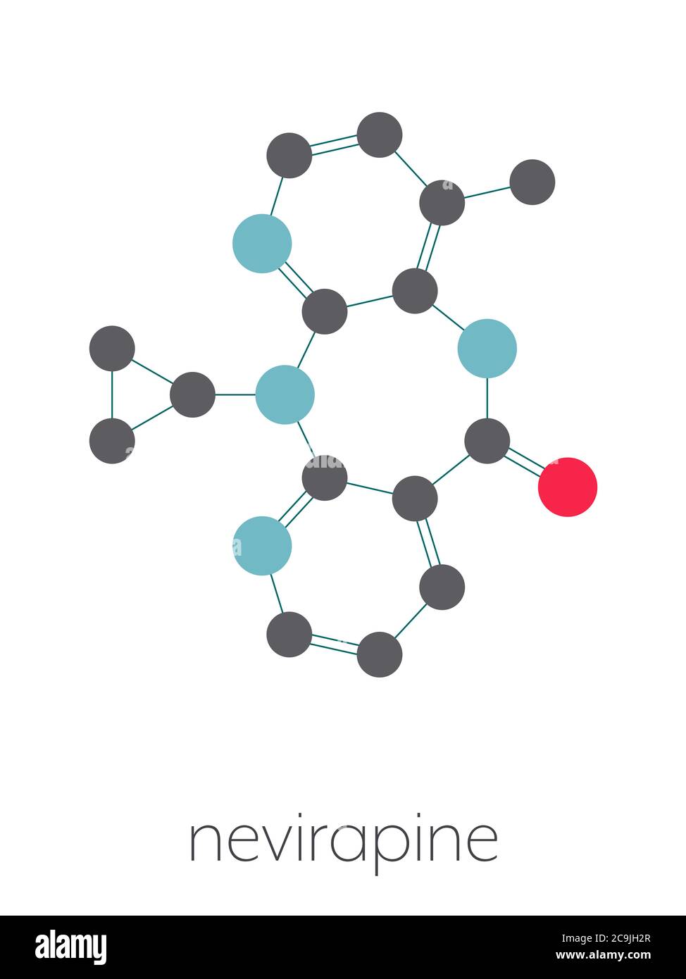 Nevirapine HIV drug molecule. Belongs to NNRTI class. Stylized skeletal ...