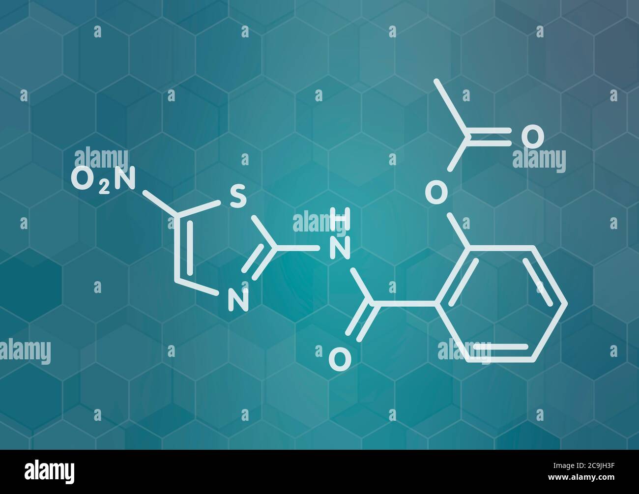 Nitazoxanide antiprotozoal drug molecule. White skeletal formula on ...
