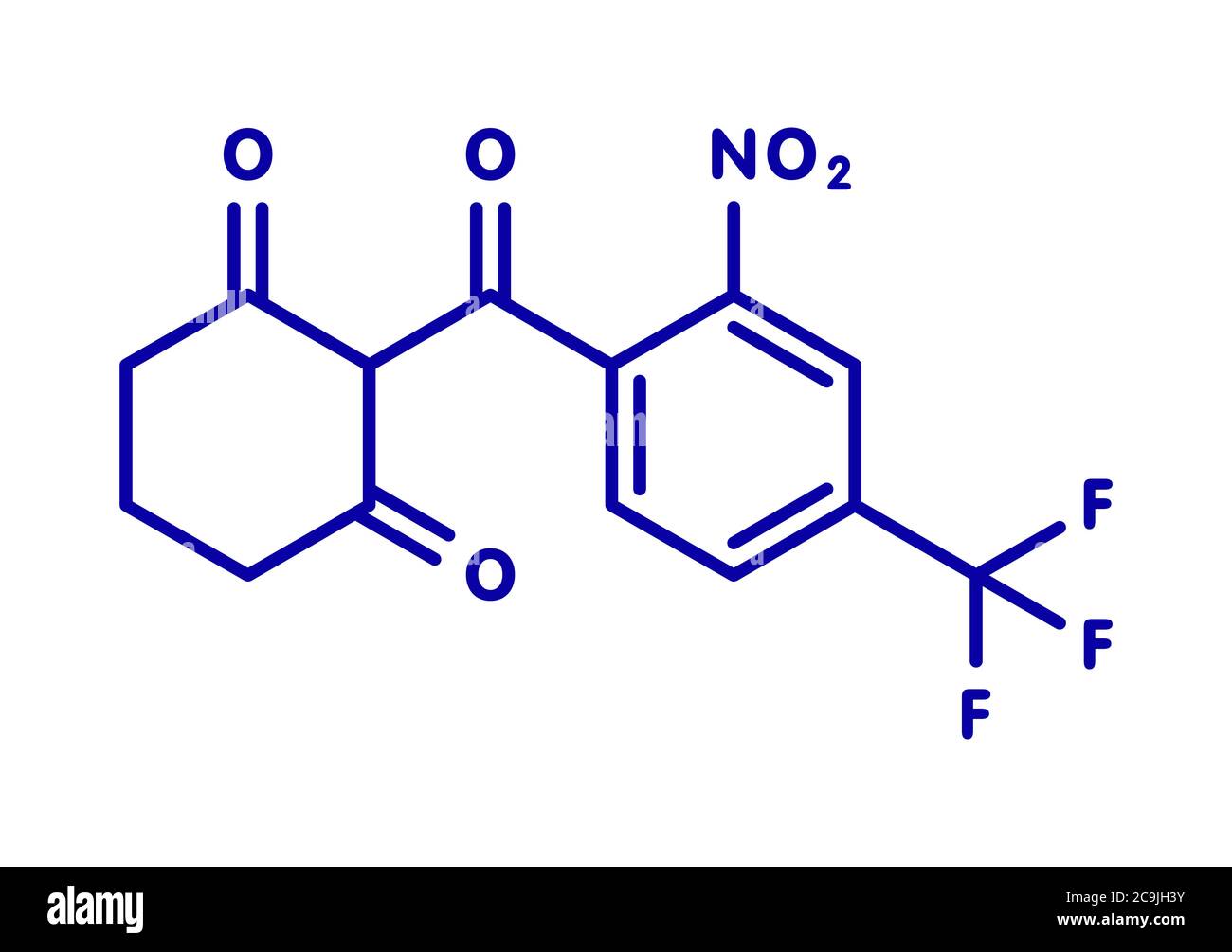 Nitisinone hereditary tyrosinemia type 1 drug molecule. Blue skeletal ...