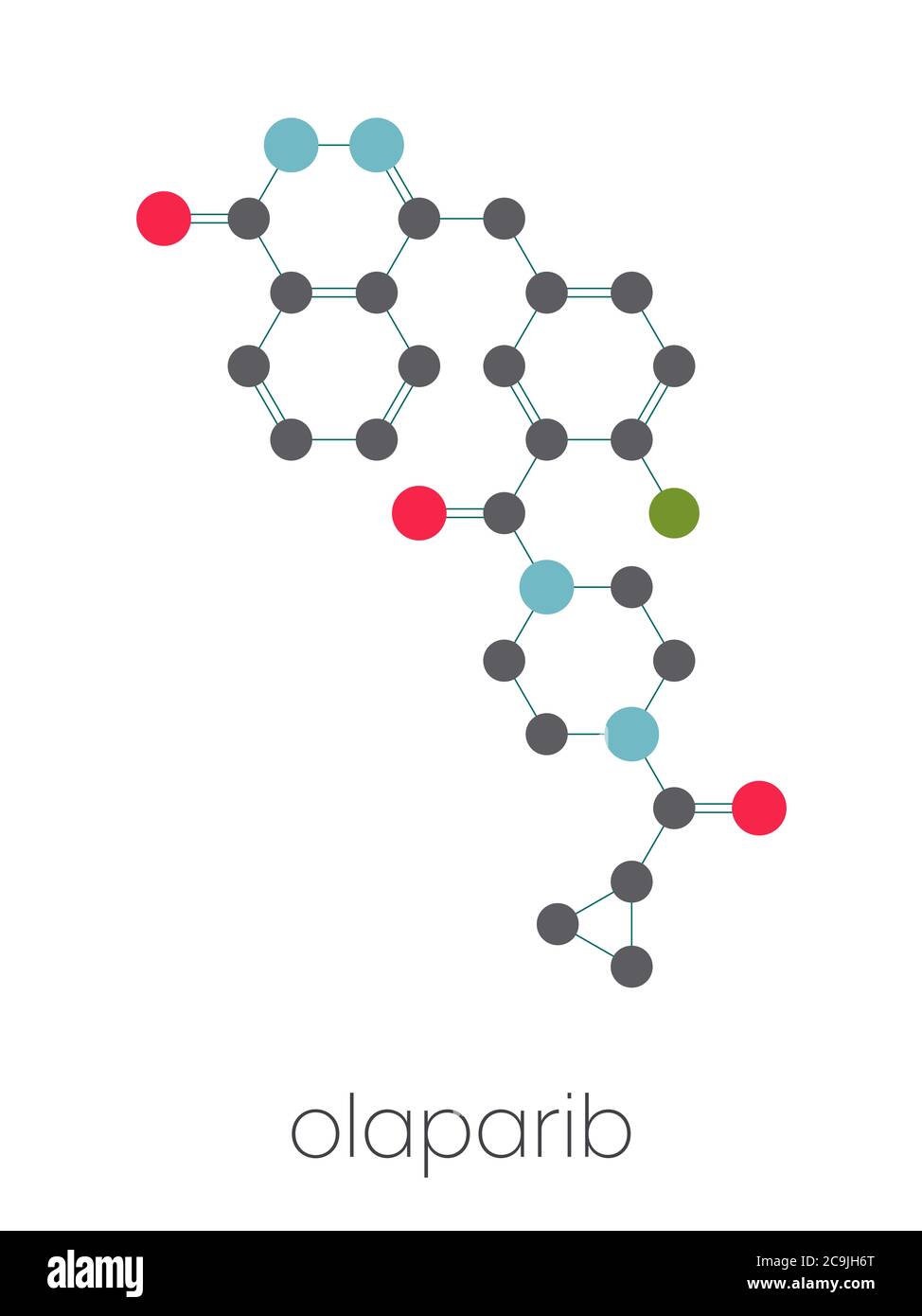 Olaparib cancer drug molecule. Inhibitor of PARP (poly ADP-ribose ...