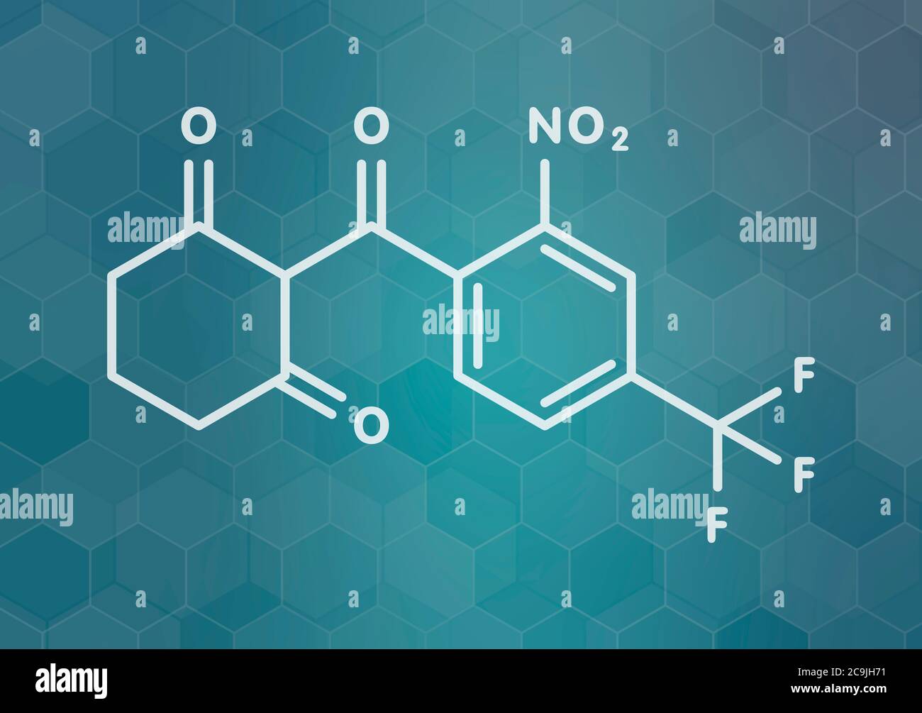 Nitisinone hereditary tyrosinemia type 1 drug molecule. White skeletal ...