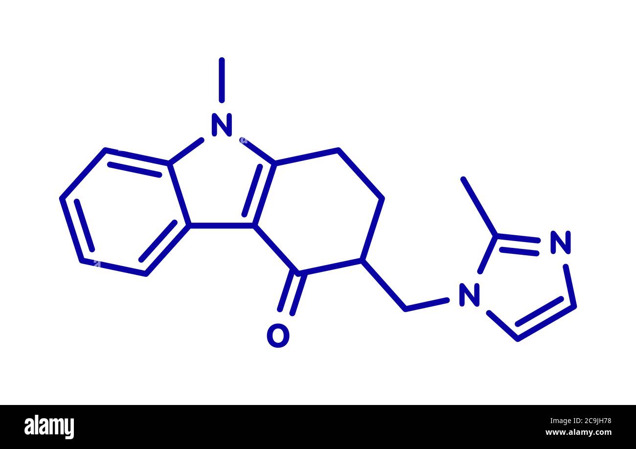 Ondansetron nausea and vomiting treatment drug molecule. Blue skeletal ...