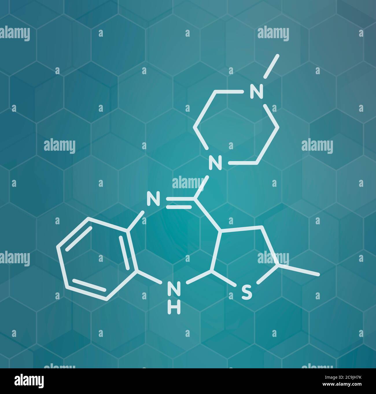 Olanzapine antipsychotic drug molecule. White skeletal formula on dark ...