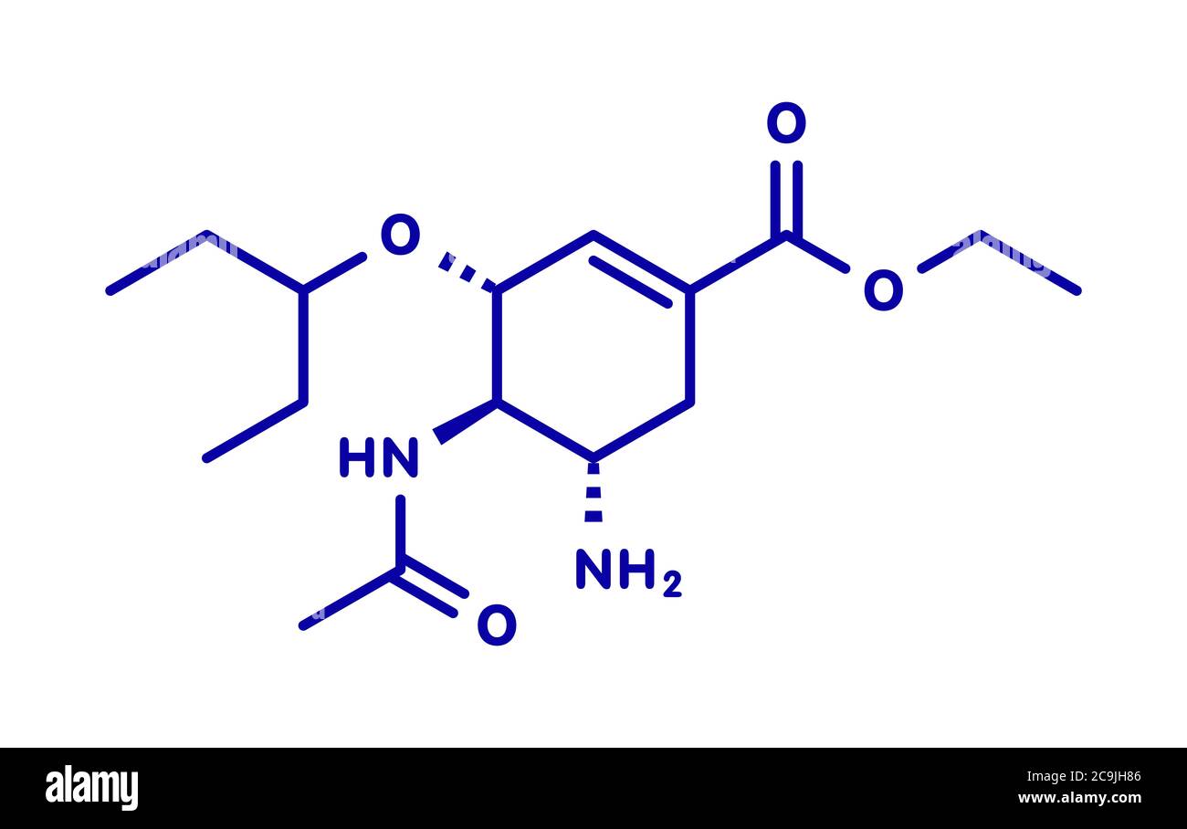 Oseltamivir influenza virus drug molecule. Blue skeletal formula on ...