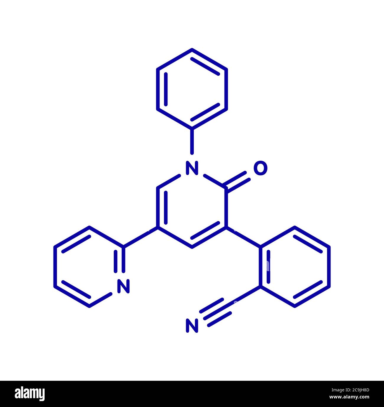 Perampanel epilepsy drug molecule. Used in treatment of seizures. Blue ...