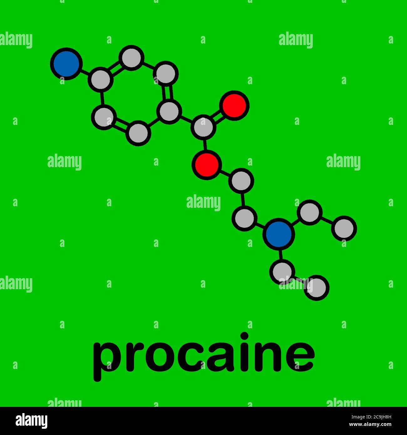 Procaine topical anesthetic drug molecule. Stylized skeletal formula ...