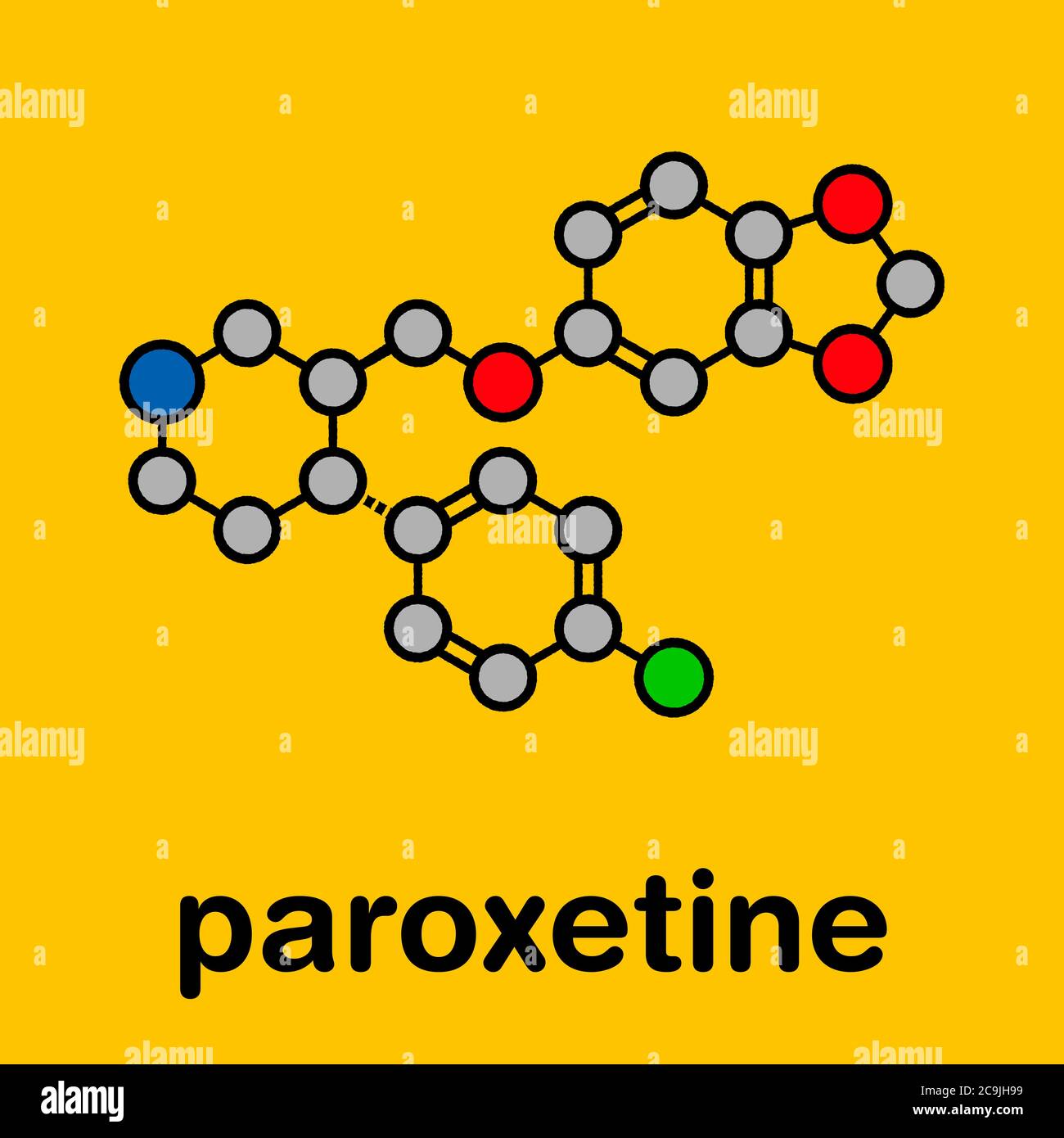 Paroxetine antidepressant drug (SSRI class) molecule. Stylized skeletal ...