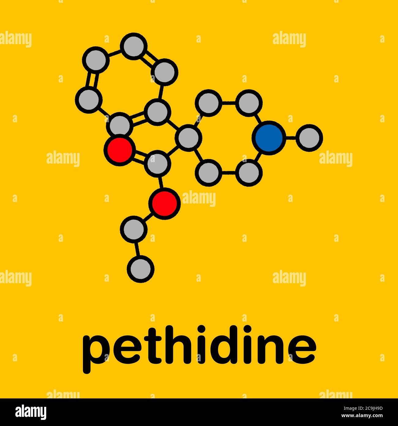 Pethidine opioid analgesic drug molecule. Stylized skeletal formula ...