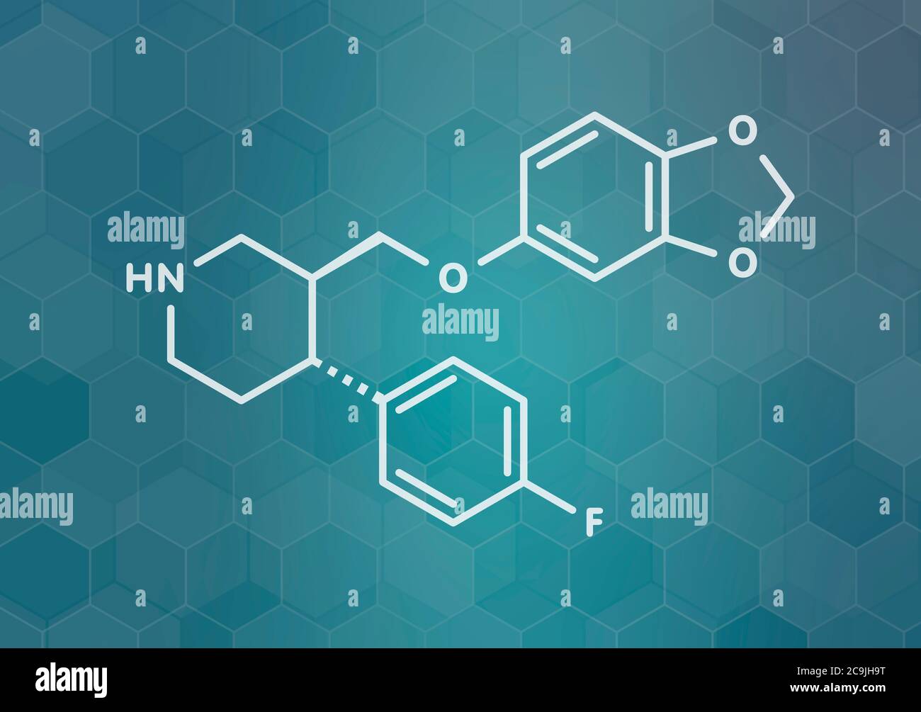 Paroxetine antidepressant drug (SSRI class) molecule. White skeletal ...