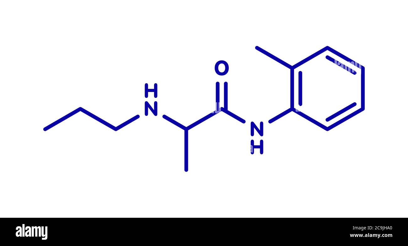 Prilocaine local anesthetic drug molecule. Blue skeletal formula on ...