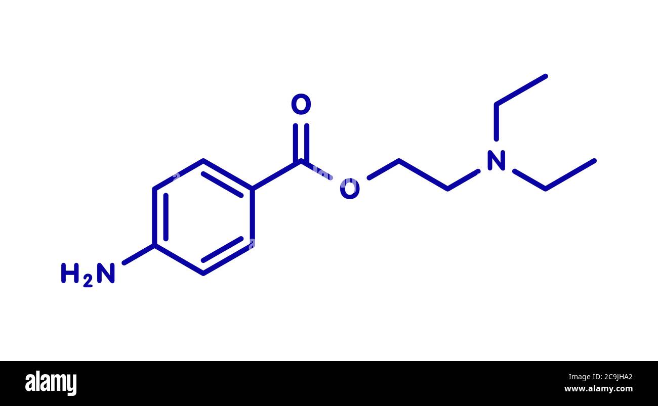 Procaine topical anesthetic drug molecule. Blue skeletal formula on ...
