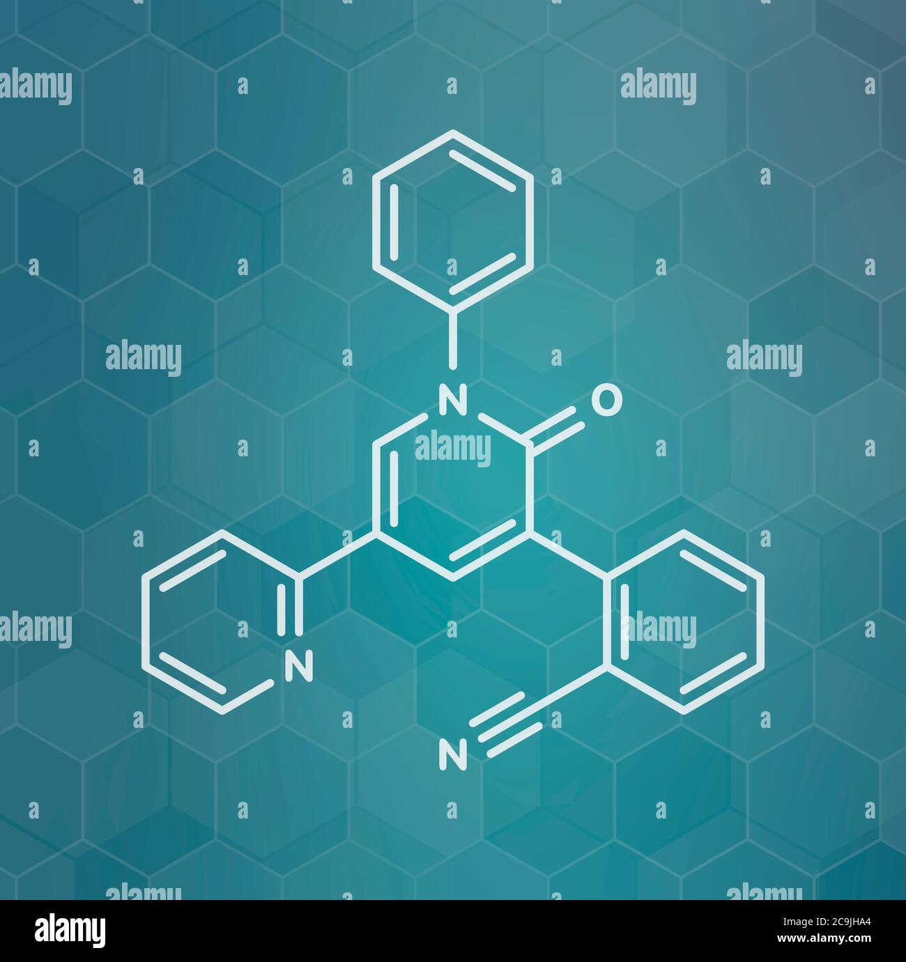 Perampanel epilepsy drug molecule. Used in treatment of seizures. White ...
