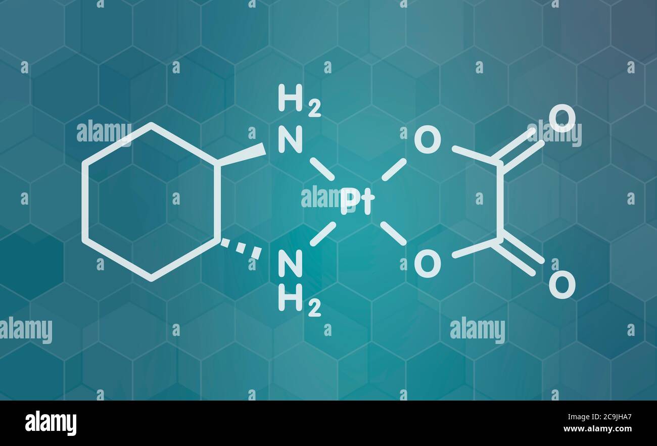Oxaliplatin cancer chemotherapy drug molecule. White skeletal formula ...