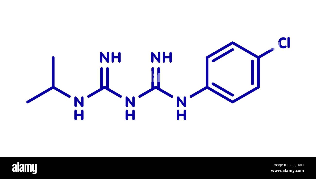 Proguanil prophylactic malaria drug molecule. Blue skeletal formula on ...