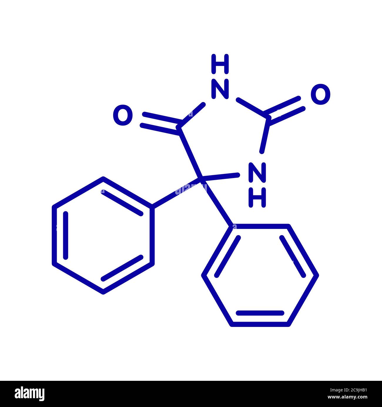 Phenytoin epilepsy drug molecule. Blue skeletal formula on white ...