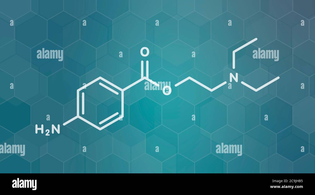 Procaine topical anesthetic drug molecule. White skeletal formula on ...