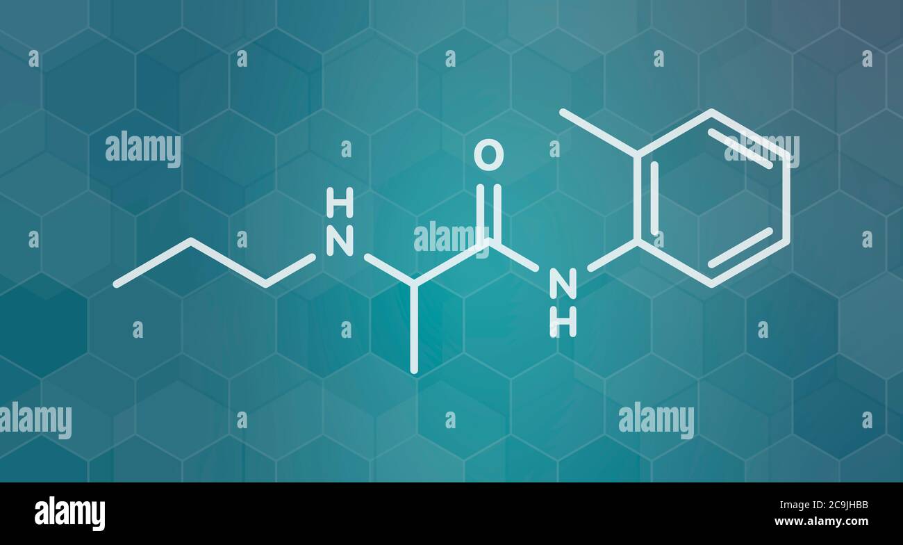 Prilocaine local anesthetic drug molecule. White skeletal formula on ...