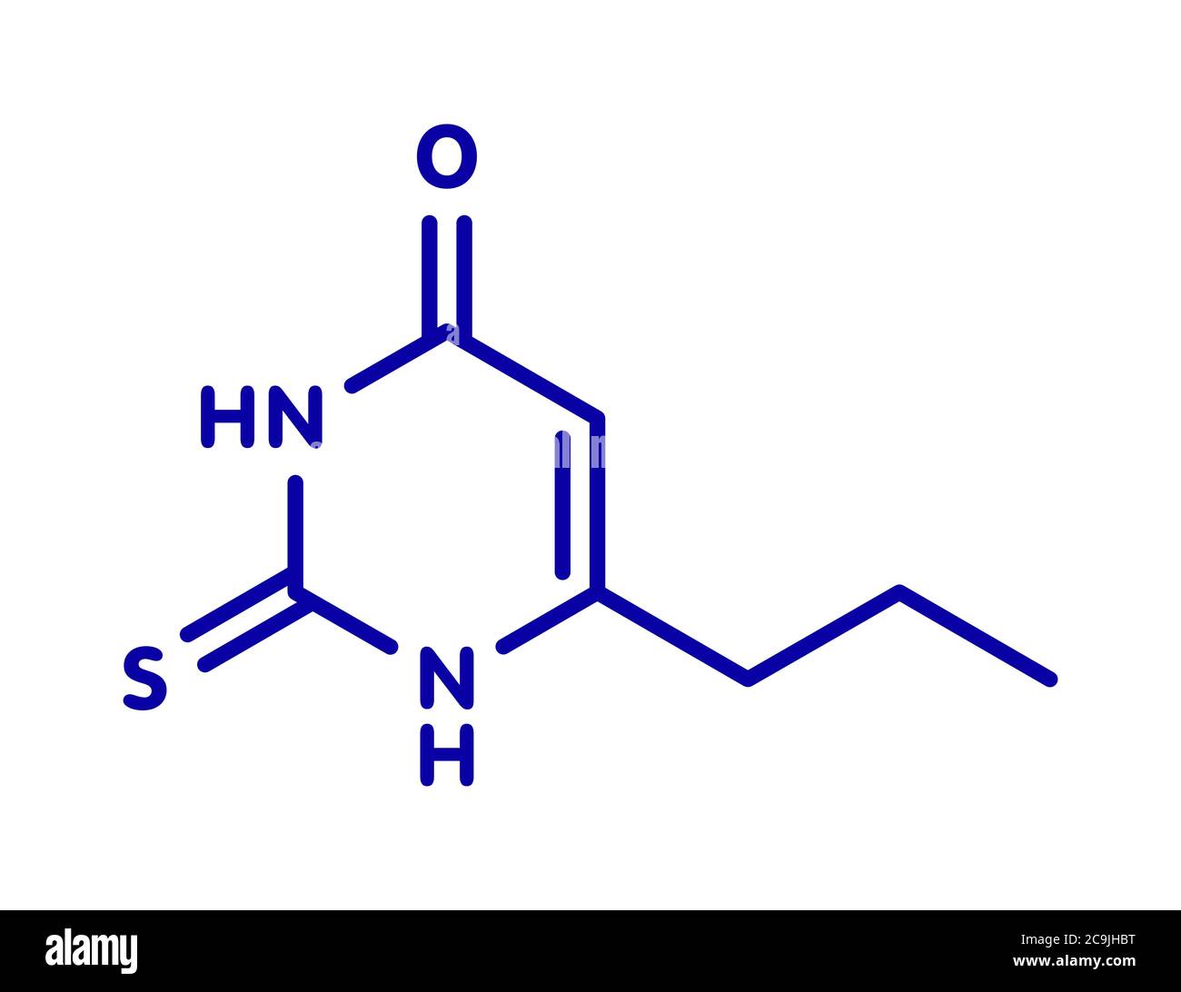 Propylthiouracil (PTU) hyperthyroidism drug molecule. Blue skeletal ...