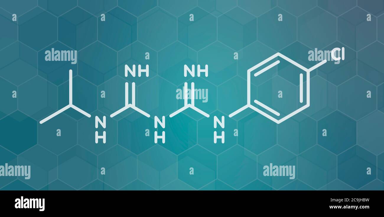 Proguanil prophylactic malaria drug molecule. White skeletal formula on ...