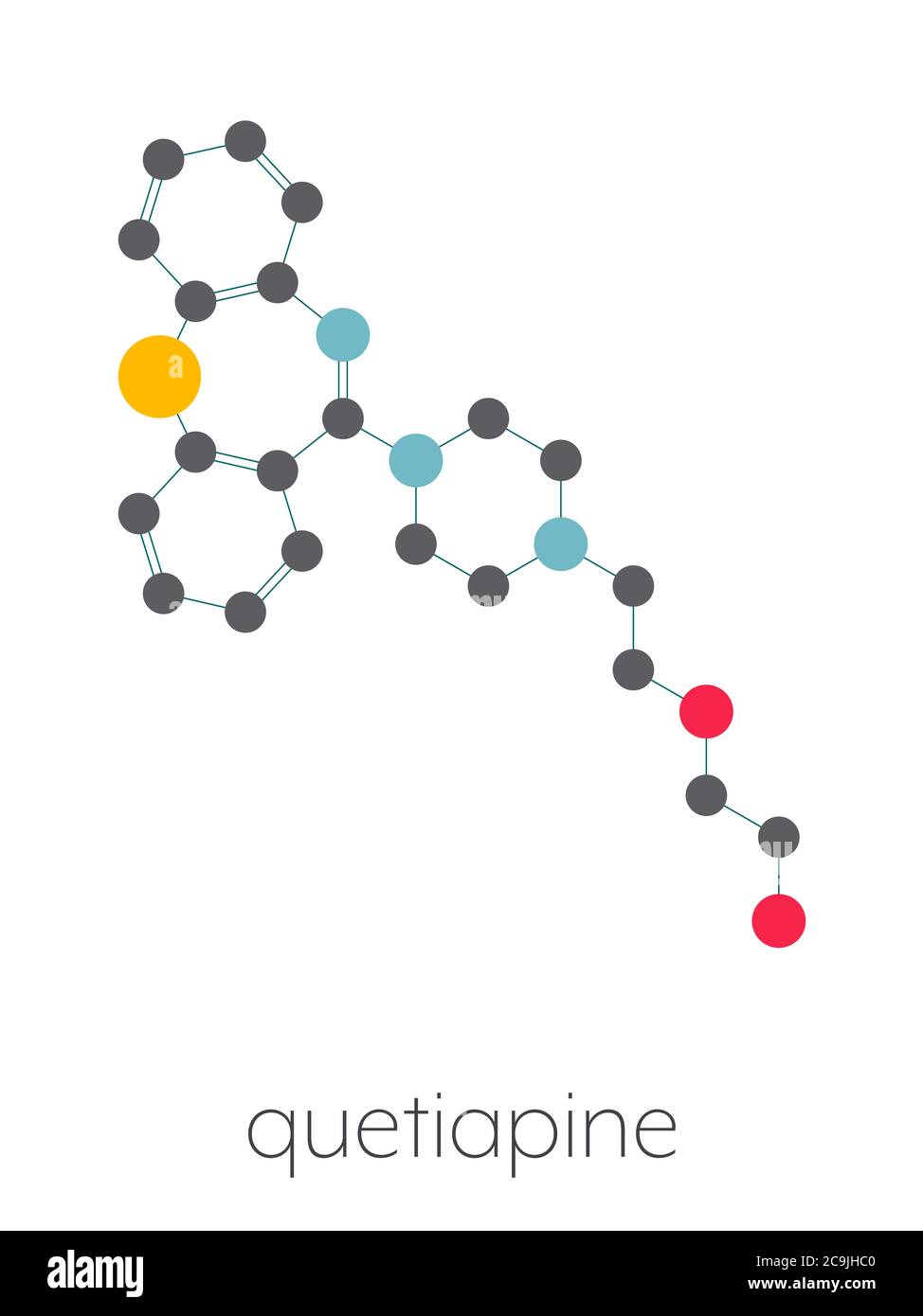 Quetiapine antipsychotic drug molecule. Stylized skeletal formula ...