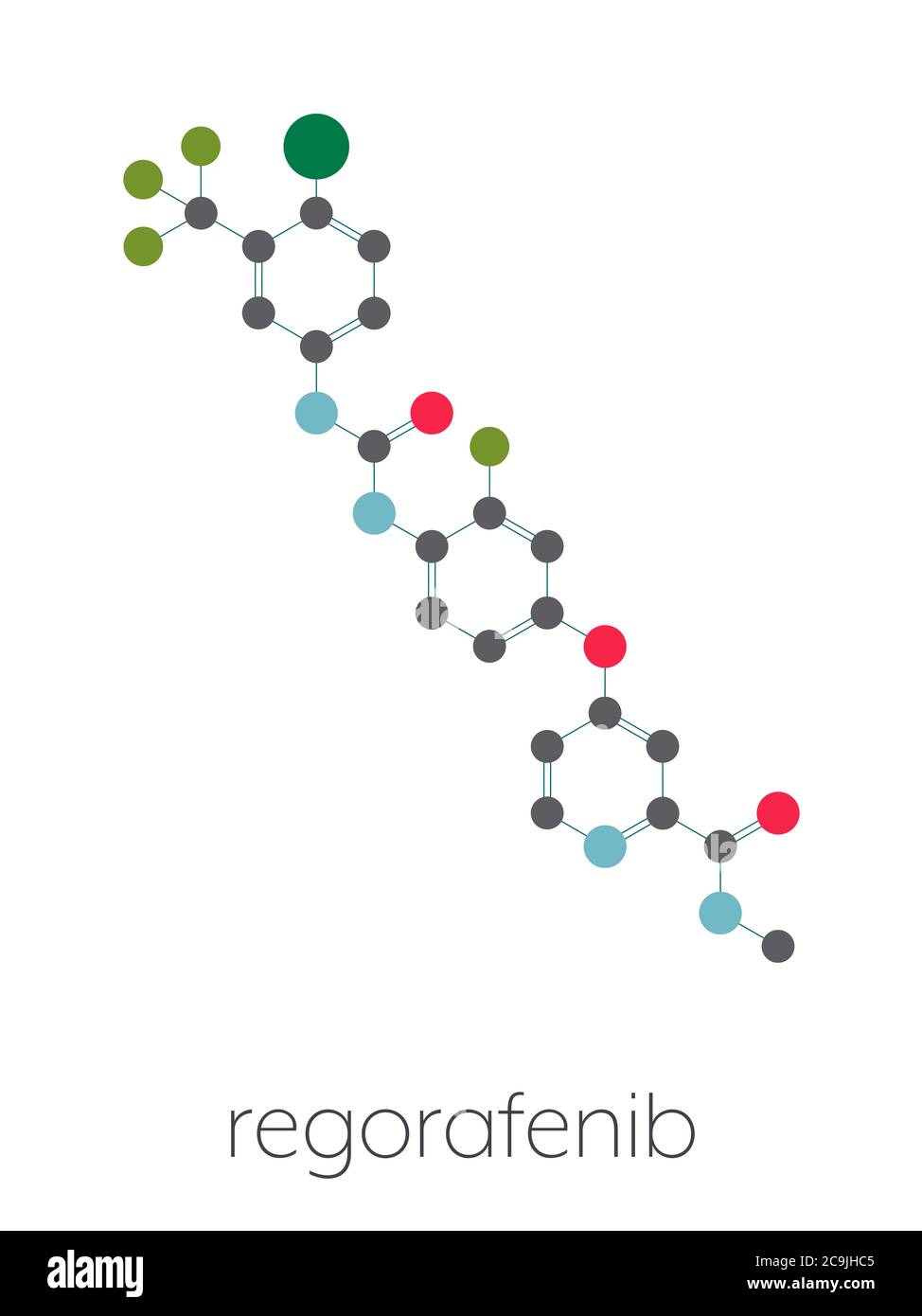 Regorafenib cancer drug molecule. Stylized skeletal formula (chemical ...