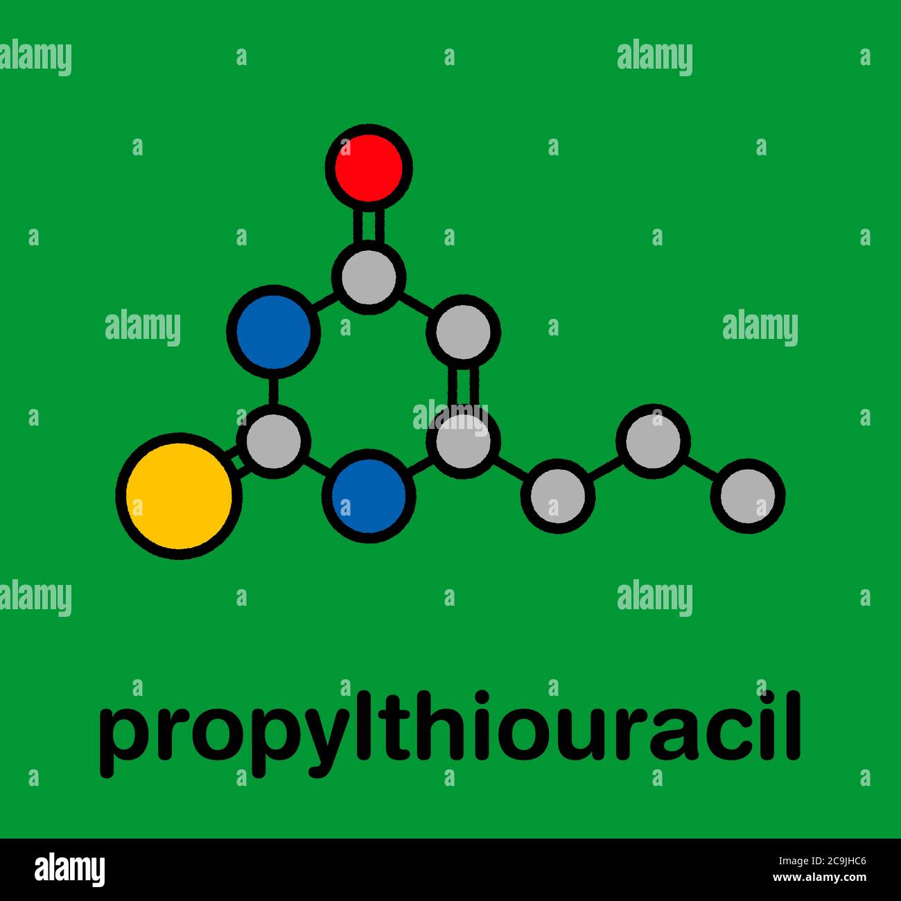 Propylthiouracil (PTU) hyperthyroidism drug molecule. Stylized skeletal ...