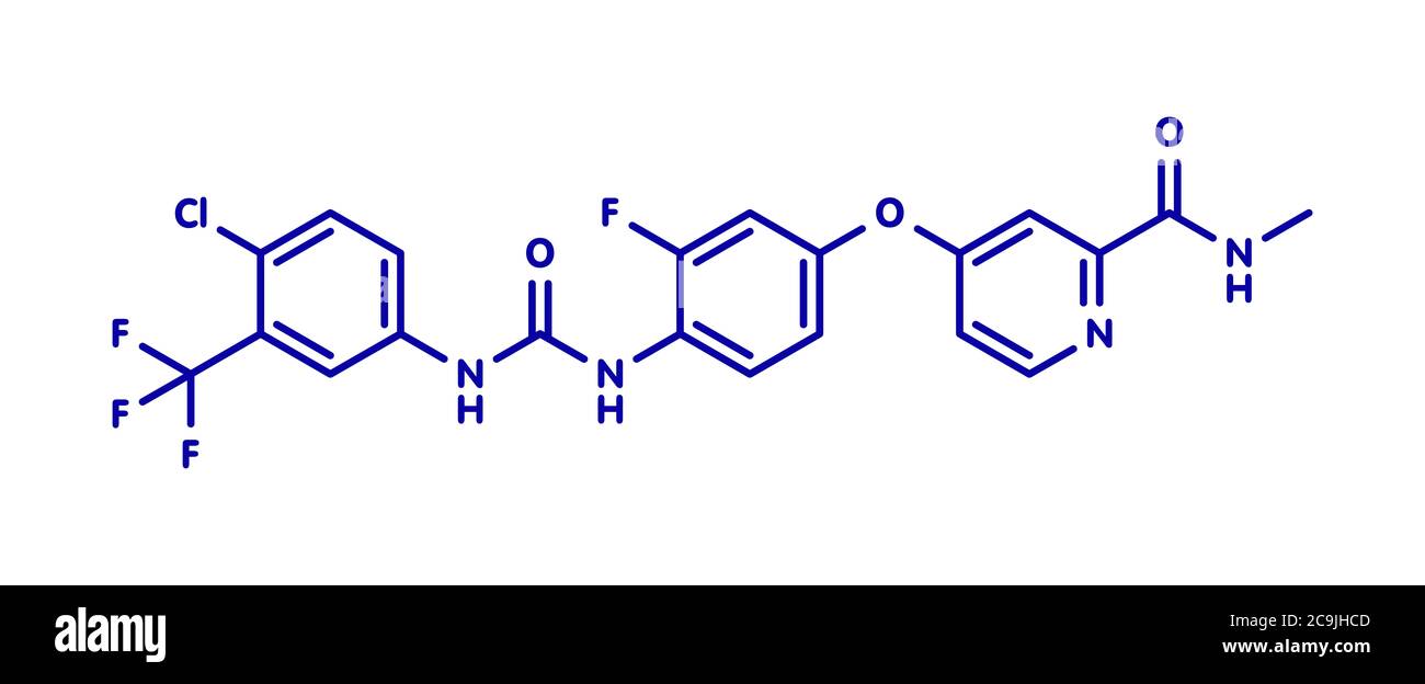 Regorafenib cancer drug molecule. Blue skeletal formula on white ...