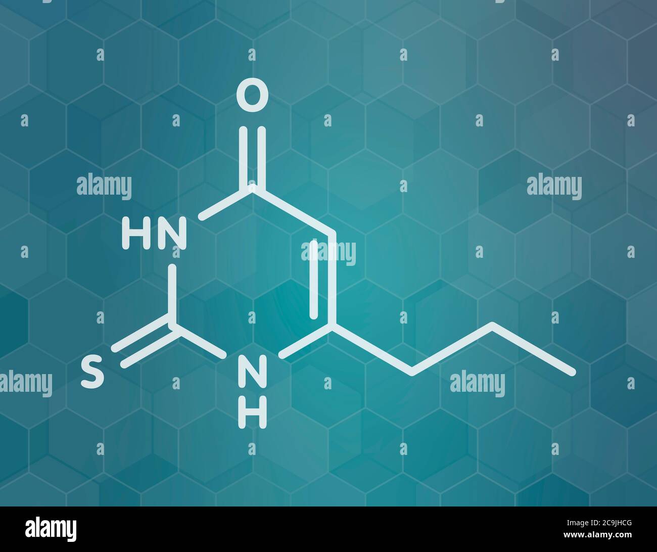 Propylthiouracil (PTU) hyperthyroidism drug molecule. White skeletal ...